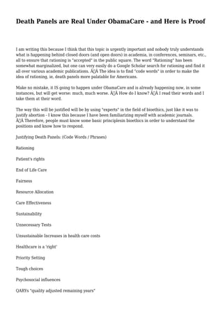 Death Panels are Real Under ObamaCare - and Here is Proof | PDF