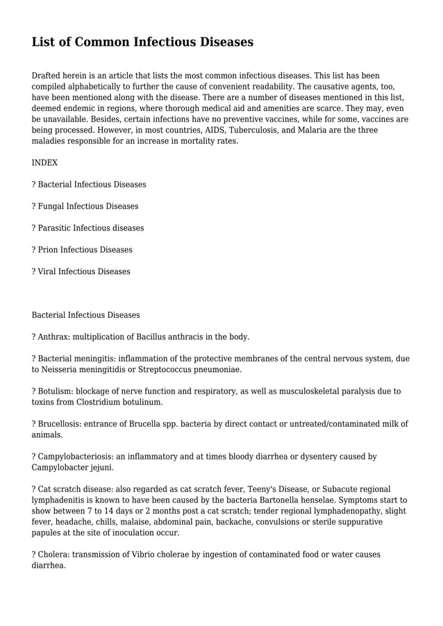 List of Common Infectious Diseases | PDF