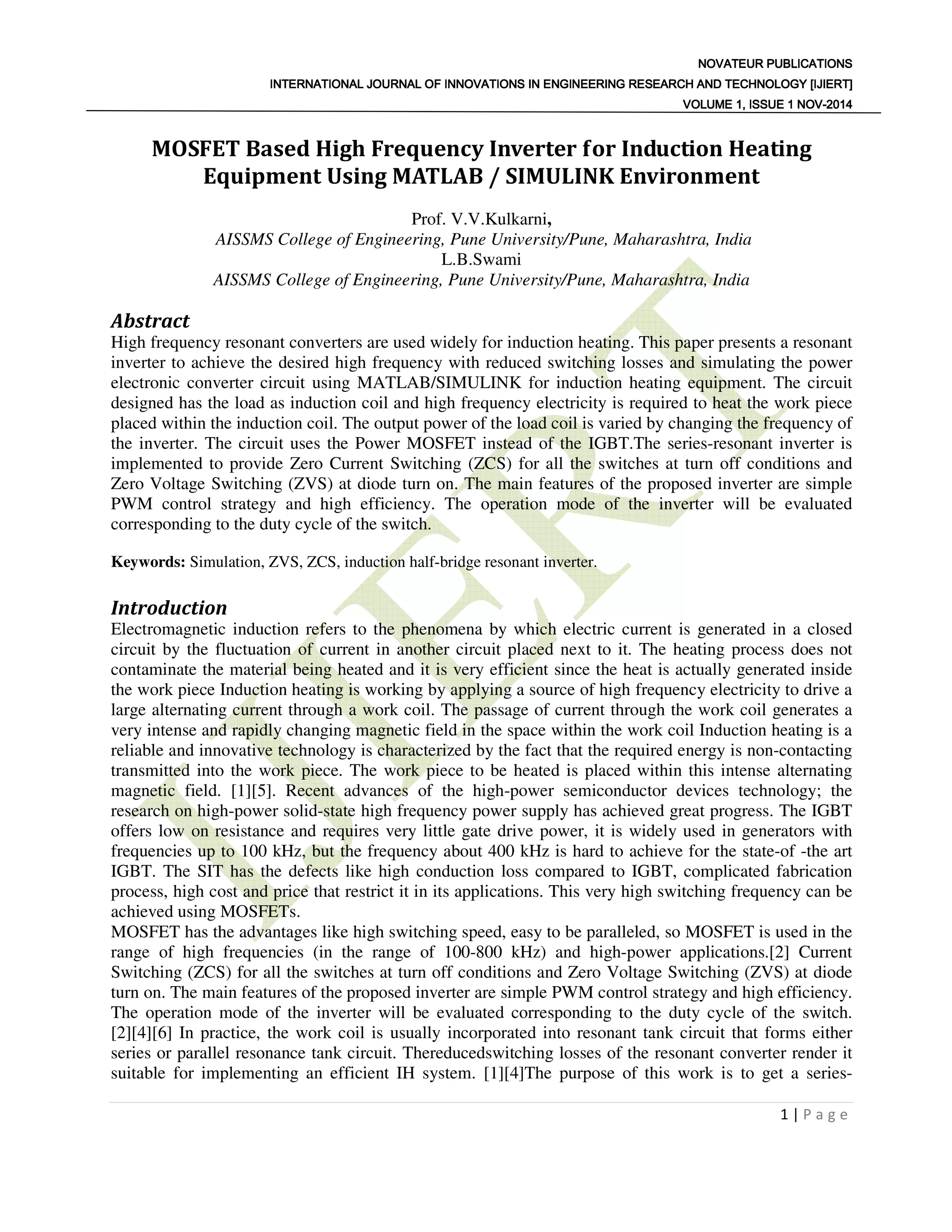 MOSFET Based High Frequency Inverter for Induction Heating Equipment Using MATLAB / SIMULINK ...