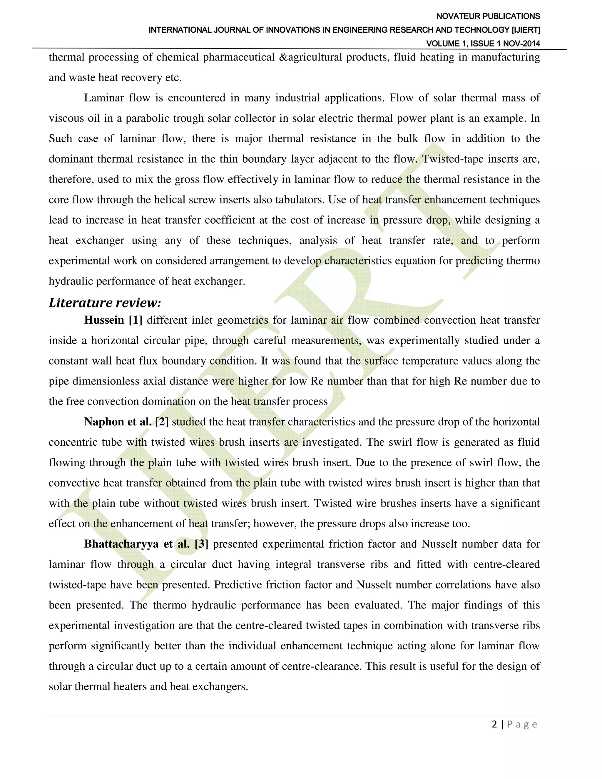 Review of Heat Transfer Parameters using internal threaded pipe fitted ...