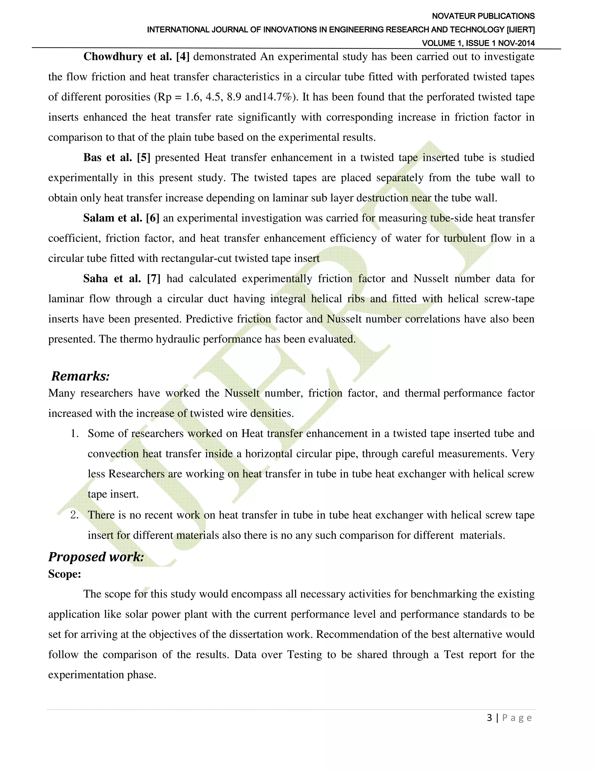 Review of Heat Transfer Parameters using internal threaded pipe fitted ...