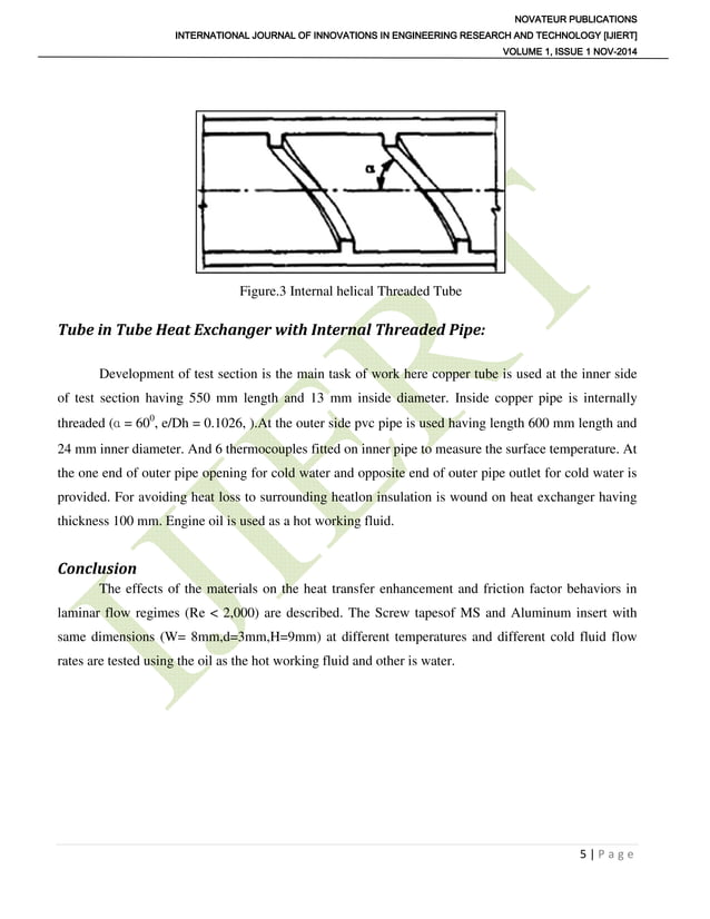 Review of Heat Transfer Parameters using internal threaded pipe fitted ...
