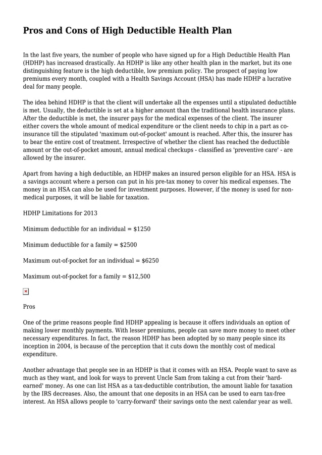 Pros and Cons of High Deductible Health Plan | PDF | Health Insurance ...