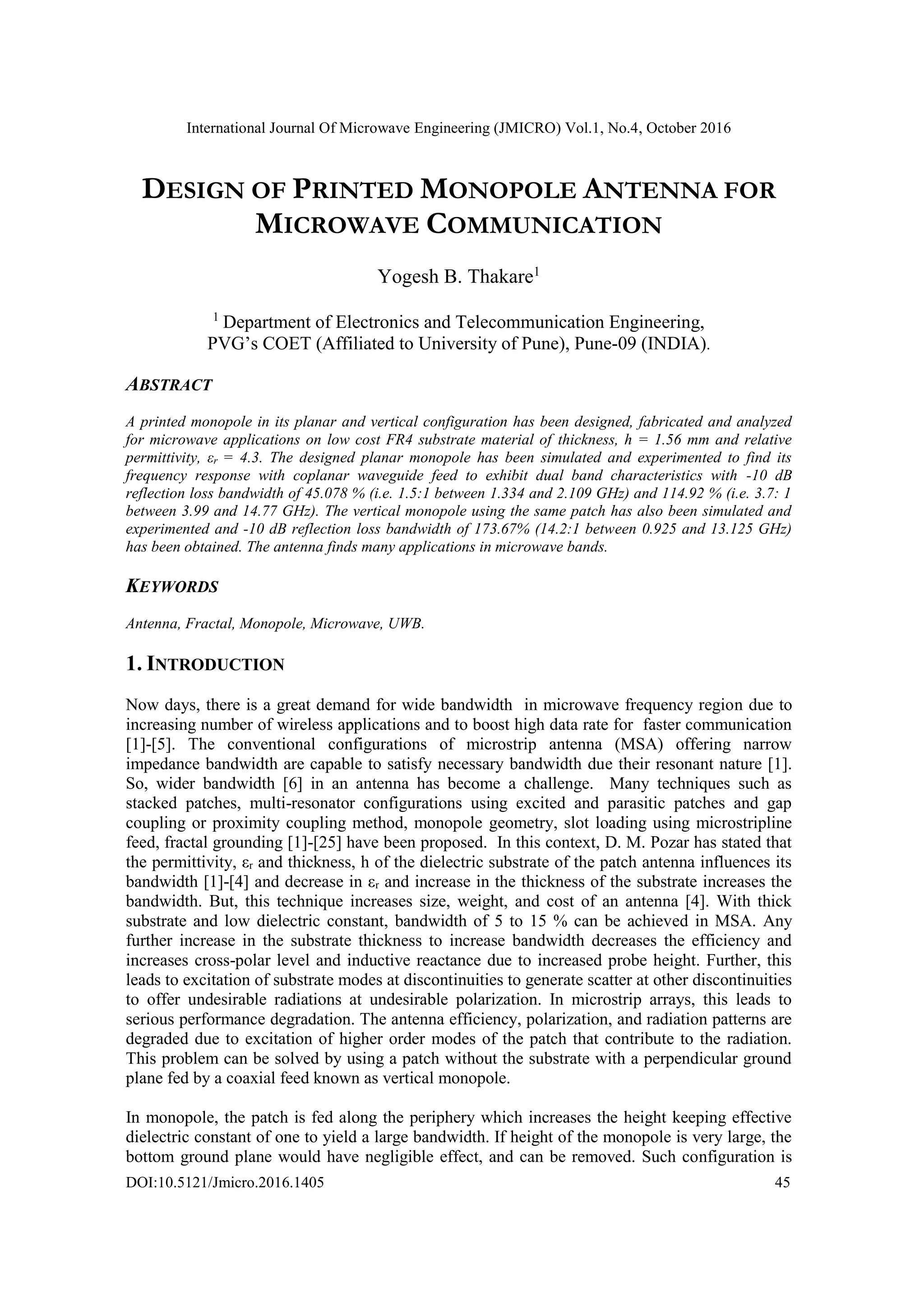 Design Of Printed Monopole Antenna For Microwave Communication Pdf