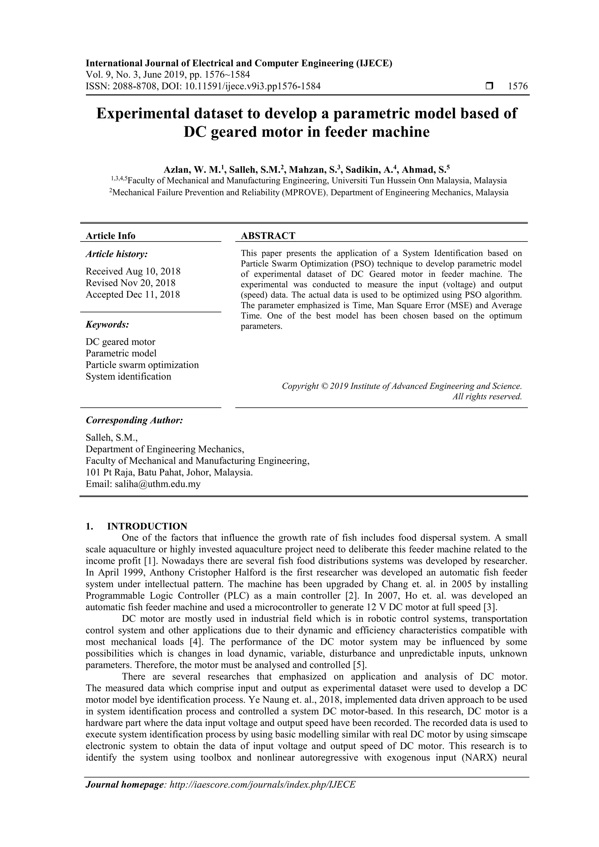 Experimental dataset to develop a parametric model based of DC geared motor in feeder machine | PDF