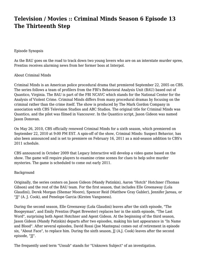 Television / Movies :: Criminal Minds Season 6 Episode 13 The ...