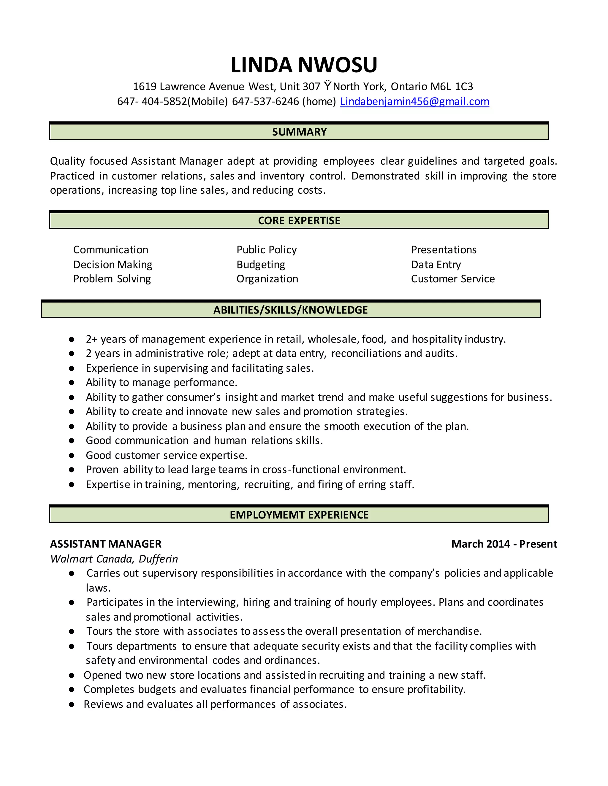 Linda Nwosu ASSISTANT MANAGER resume (2016) | PDF