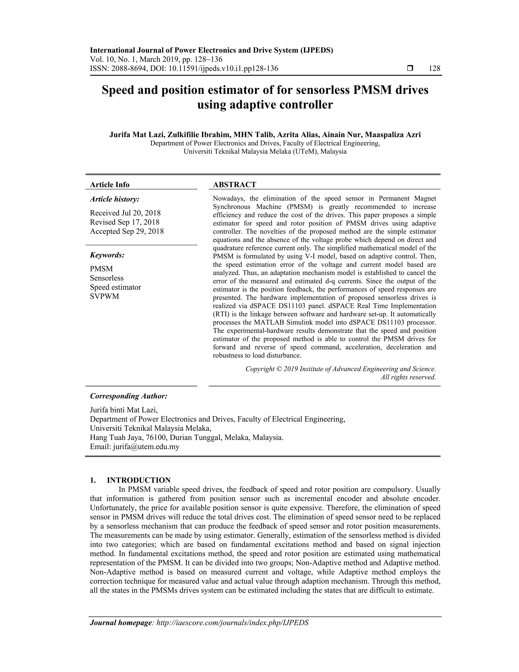 Speed and position estimator of for sensorless PMSM drives using adaptive controller | PDF ...