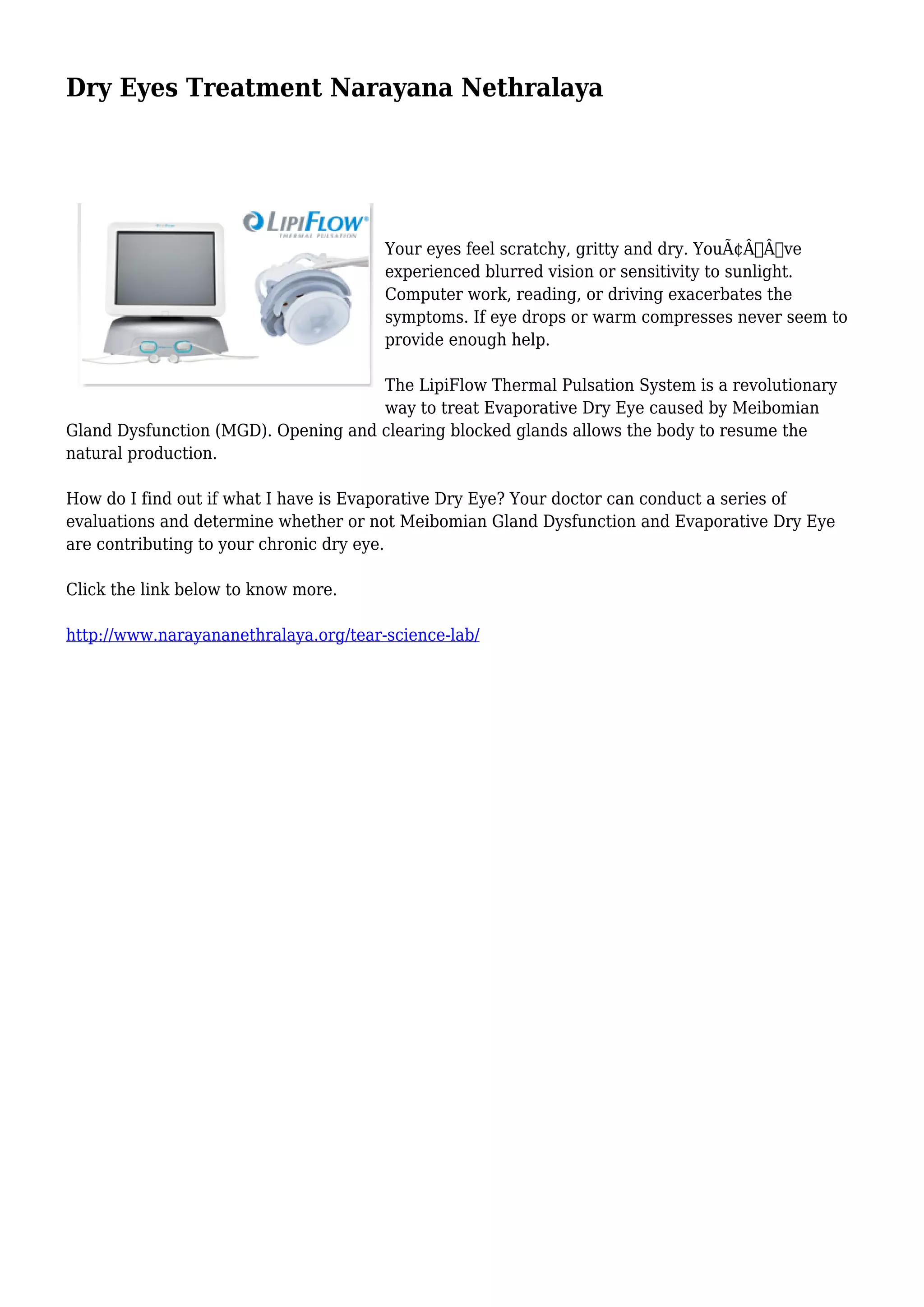 Dry Eyes Treatment Narayana Nethralaya | PDF