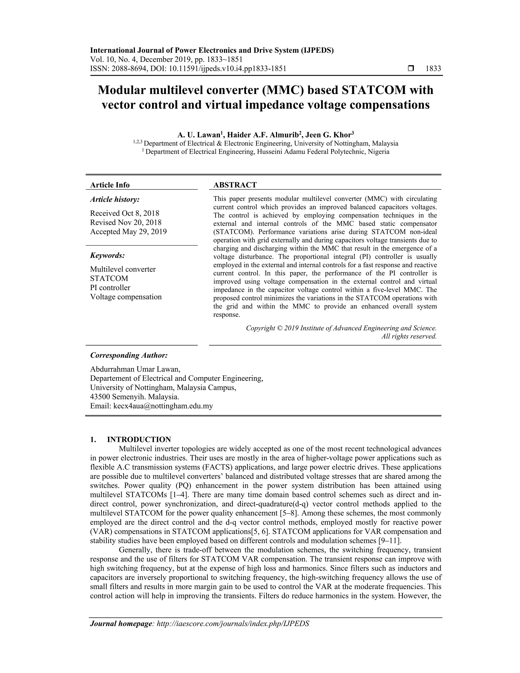Modular multilevel converter (MMC) based STATCOM with vector control and virtual impedance ...
