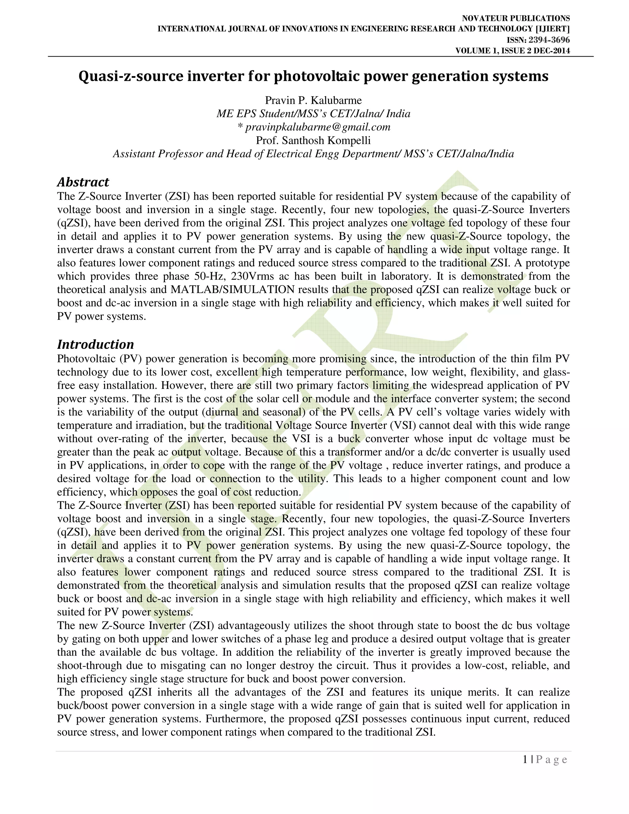 Quasi-z-source inverter for photovoltaic power generation systems | PDF