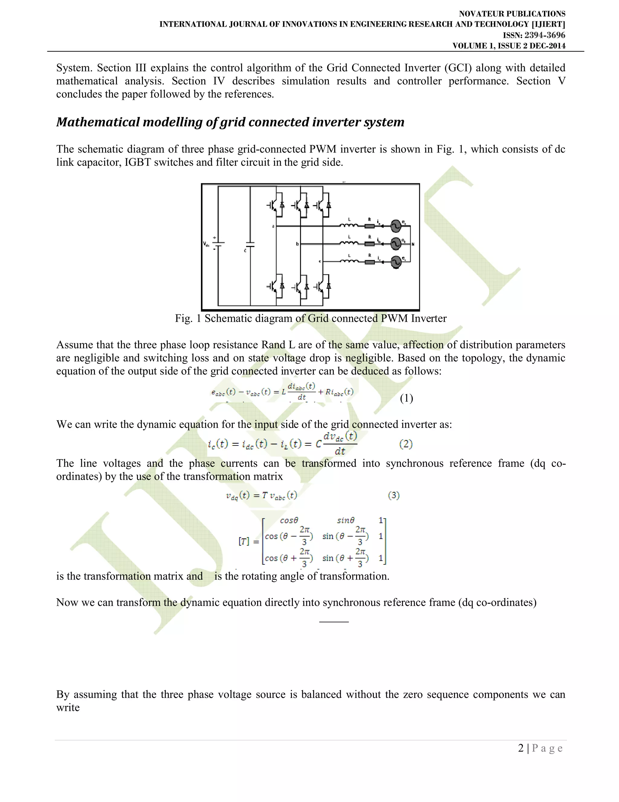 Control of grid connected inverter system for sinusoidal current injection with improved ...