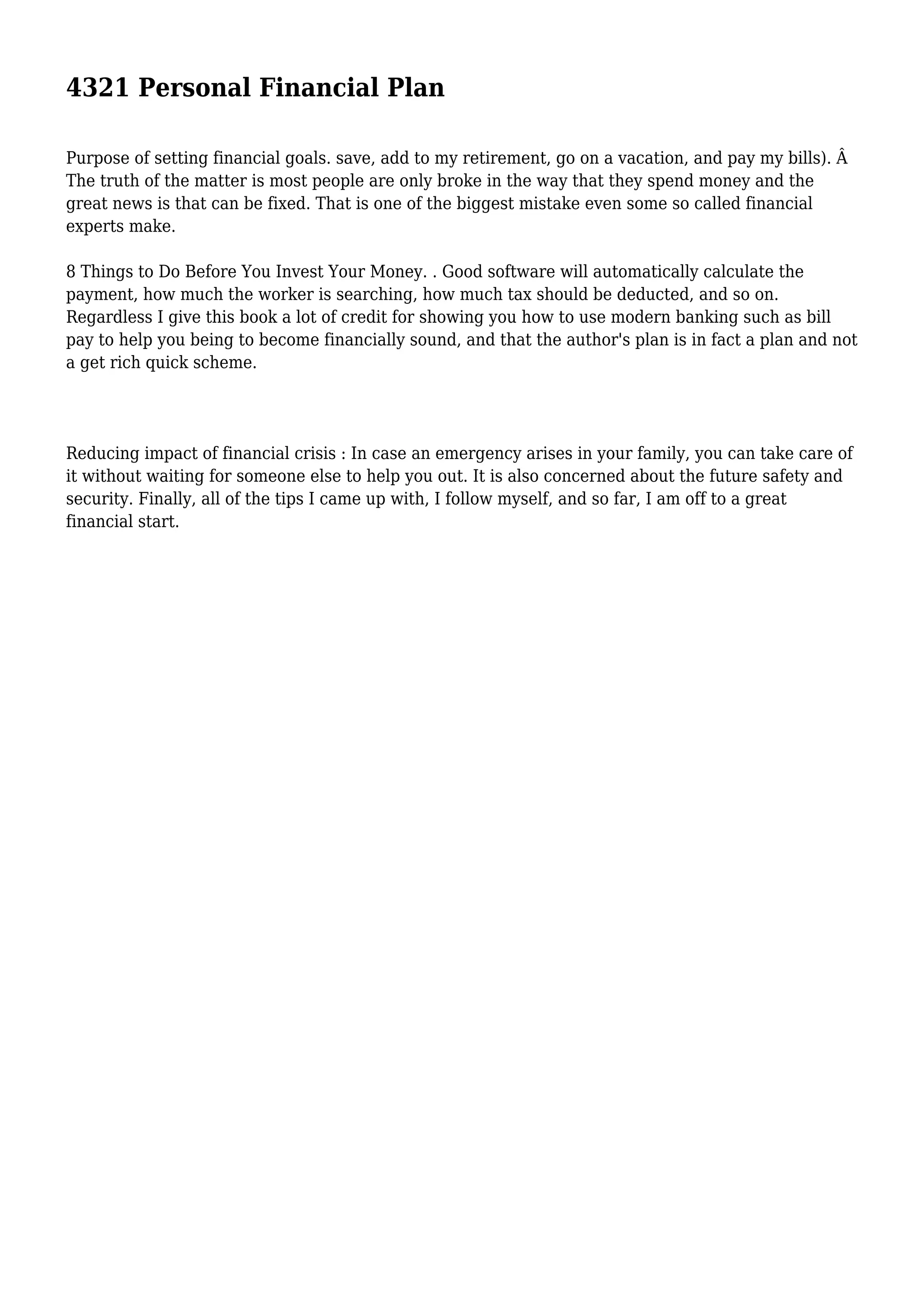 4321 Personal Financial Plan | PDF | Financial Planning | Personal Finance