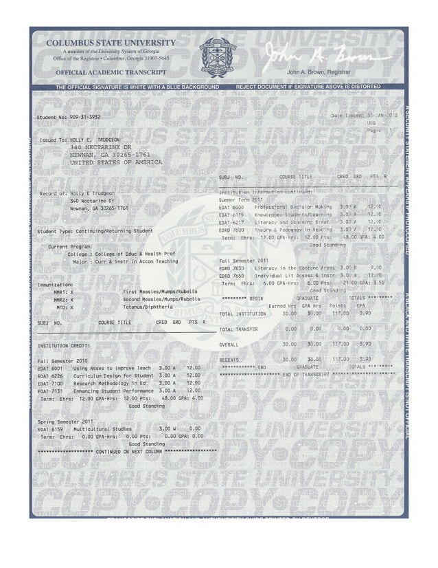 Columbus State University Transcript | PDF