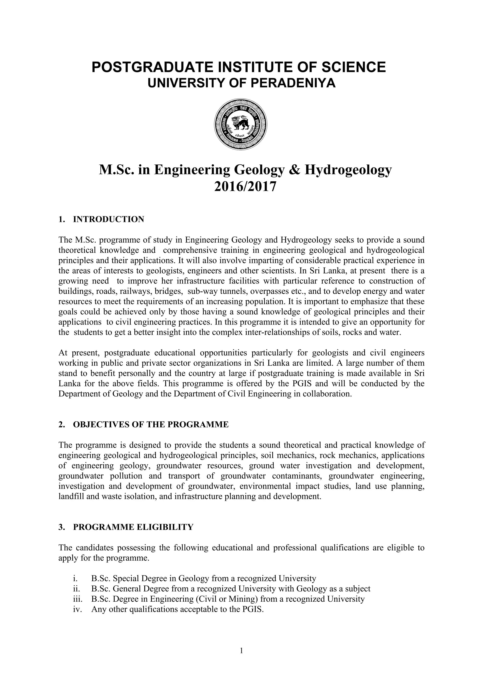 Course Details of Msc. Engineering Geology & Hydrogeology | PDF