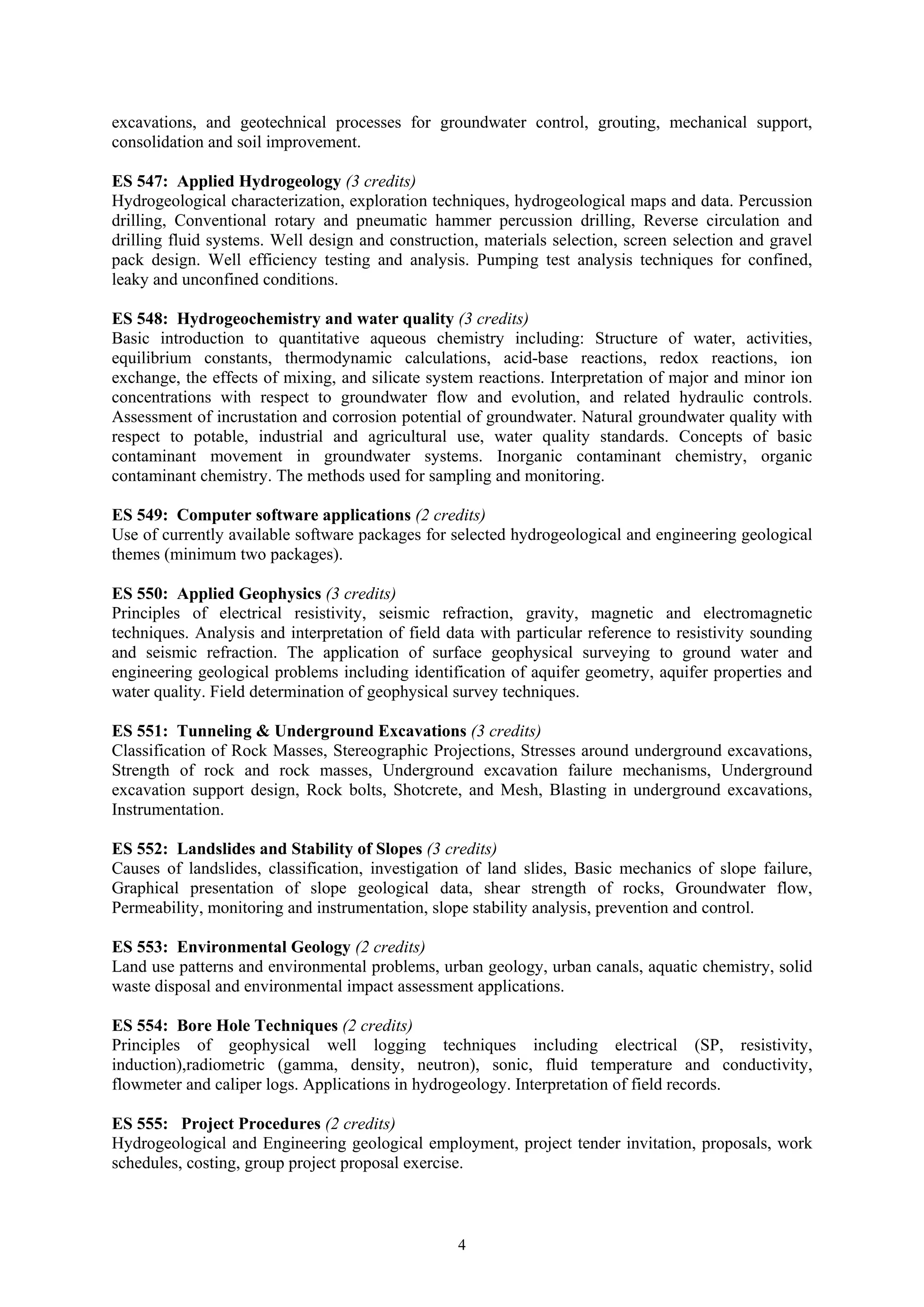 Course Details of Msc. Engineering Geology & Hydrogeology | PDF