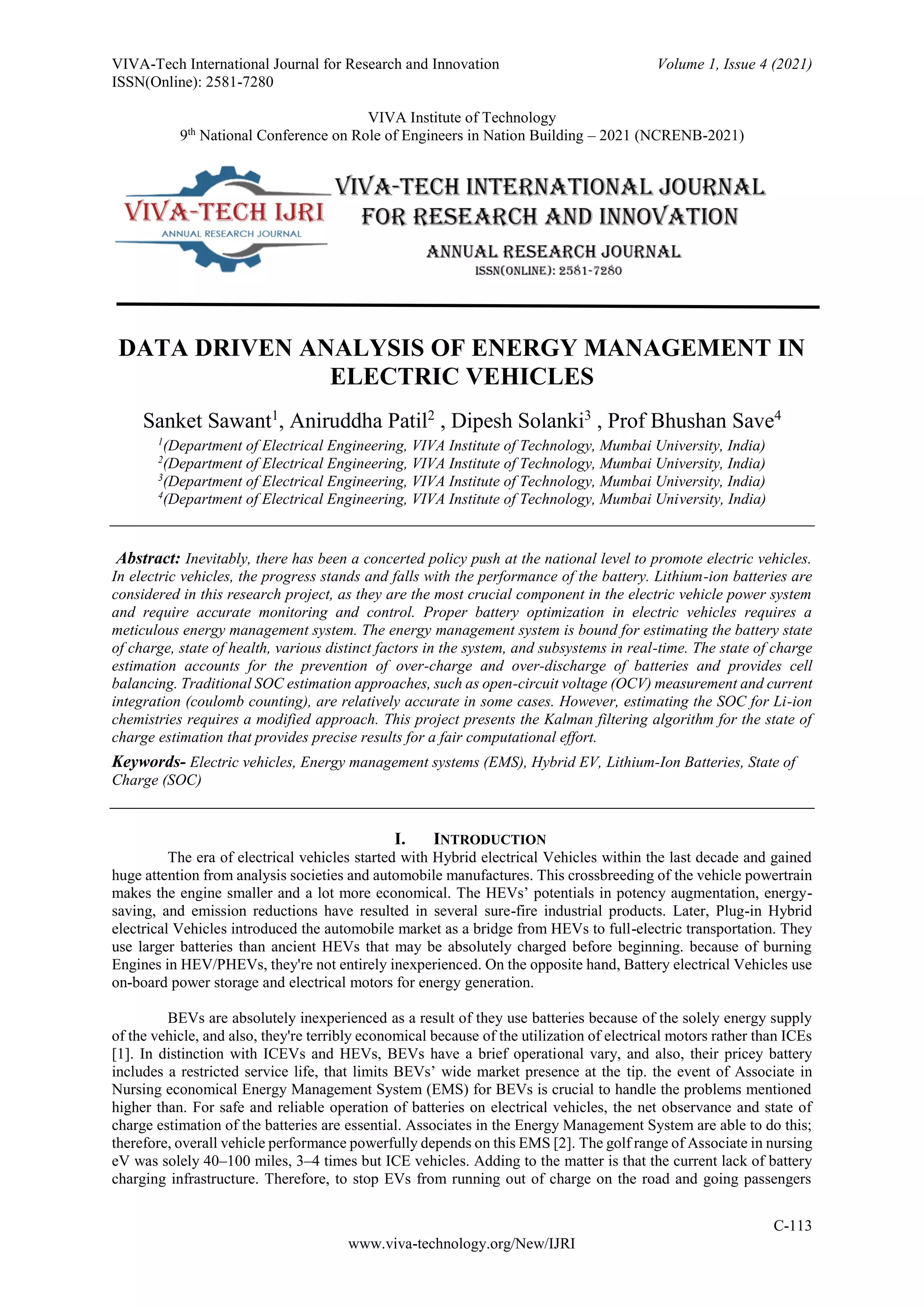 DATA DRIVEN ANALYSIS OF ENERGY MANAGEMENT IN ELECTRIC VEHICLES | PDF