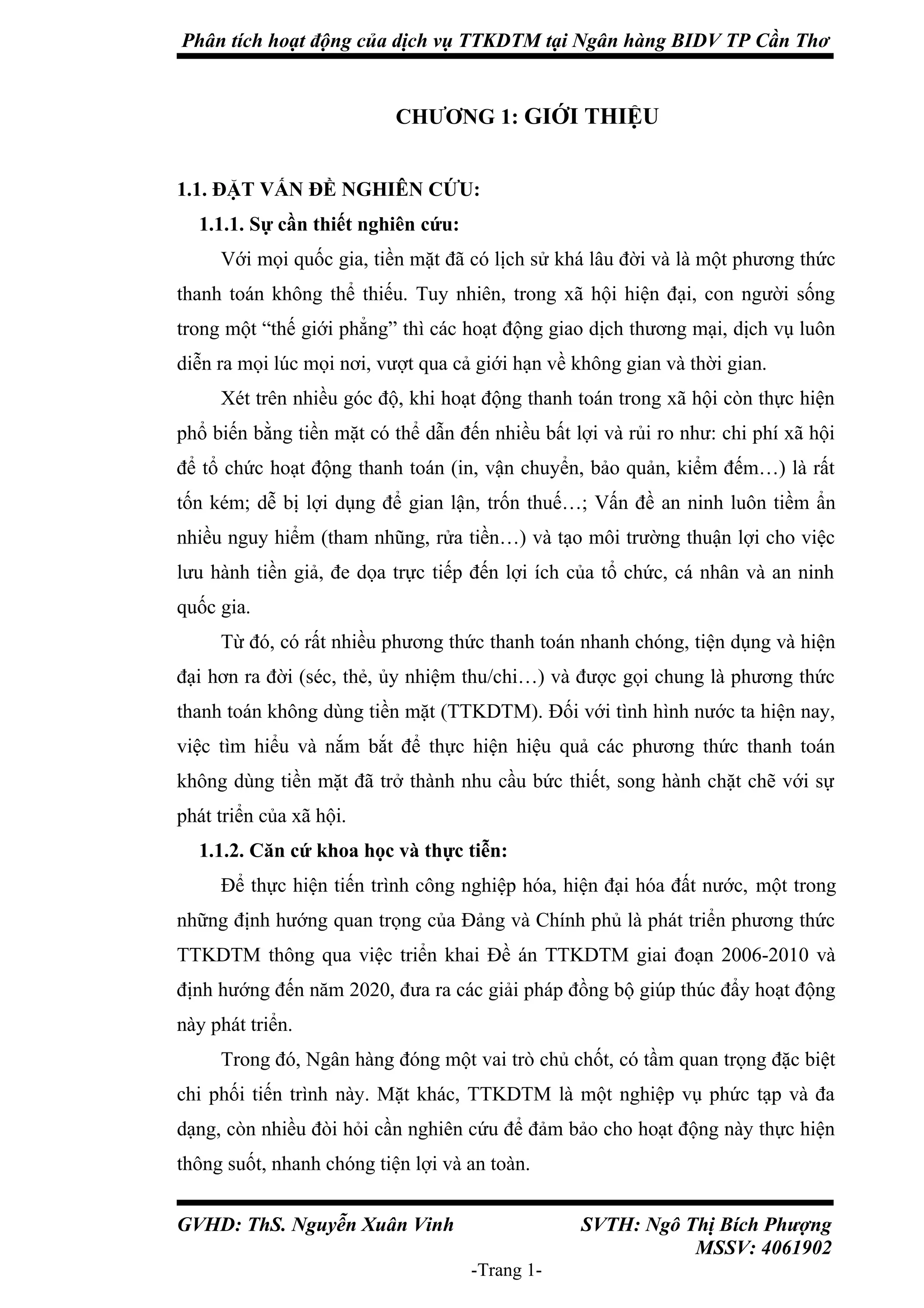 Khóa luận Phân tích hoạt động của dịch vụ thanh toán không dùng tiền mặt tại ngân hàng đầu tư và ...