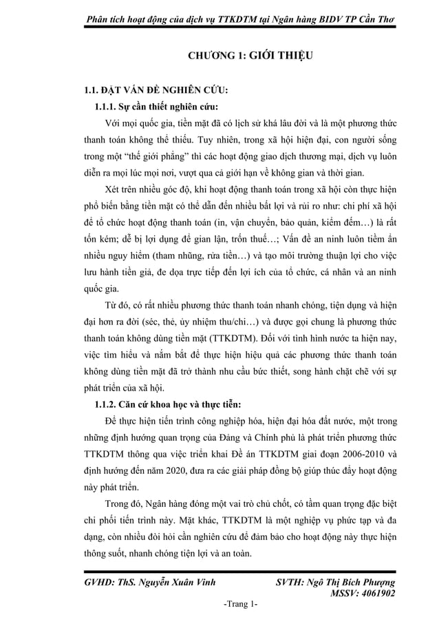 Khóa luận Phân tích hoạt động của dịch vụ thanh toán không dùng tiền mặt tại ngân hàng đầu tư và ...