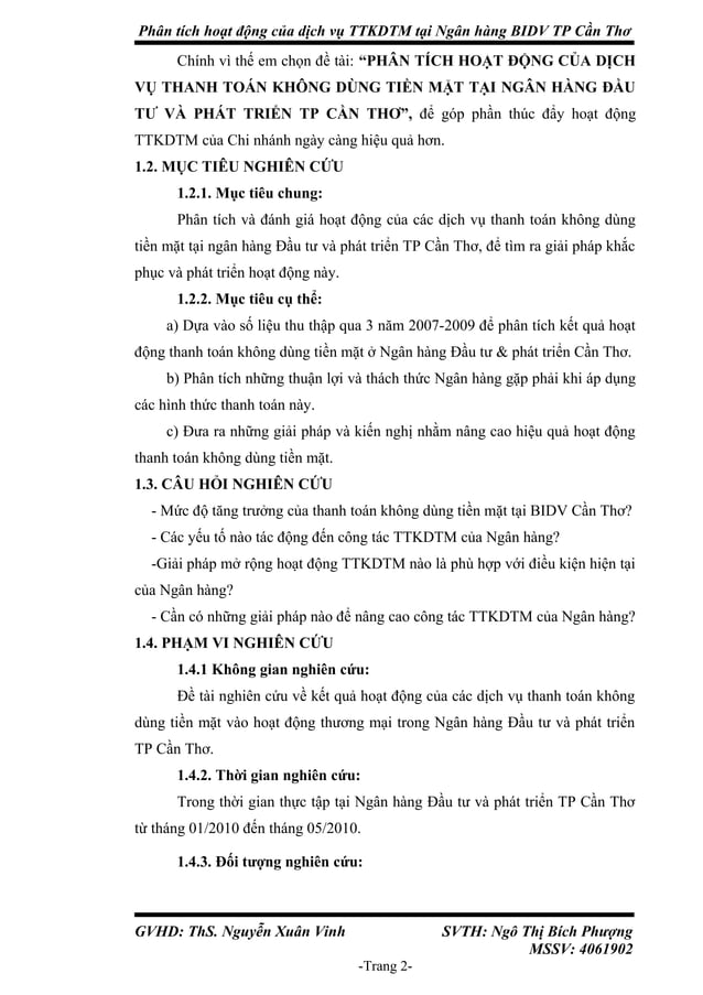 Khóa luận Phân tích hoạt động của dịch vụ thanh toán không dùng tiền mặt tại ngân hàng đầu tư và ...
