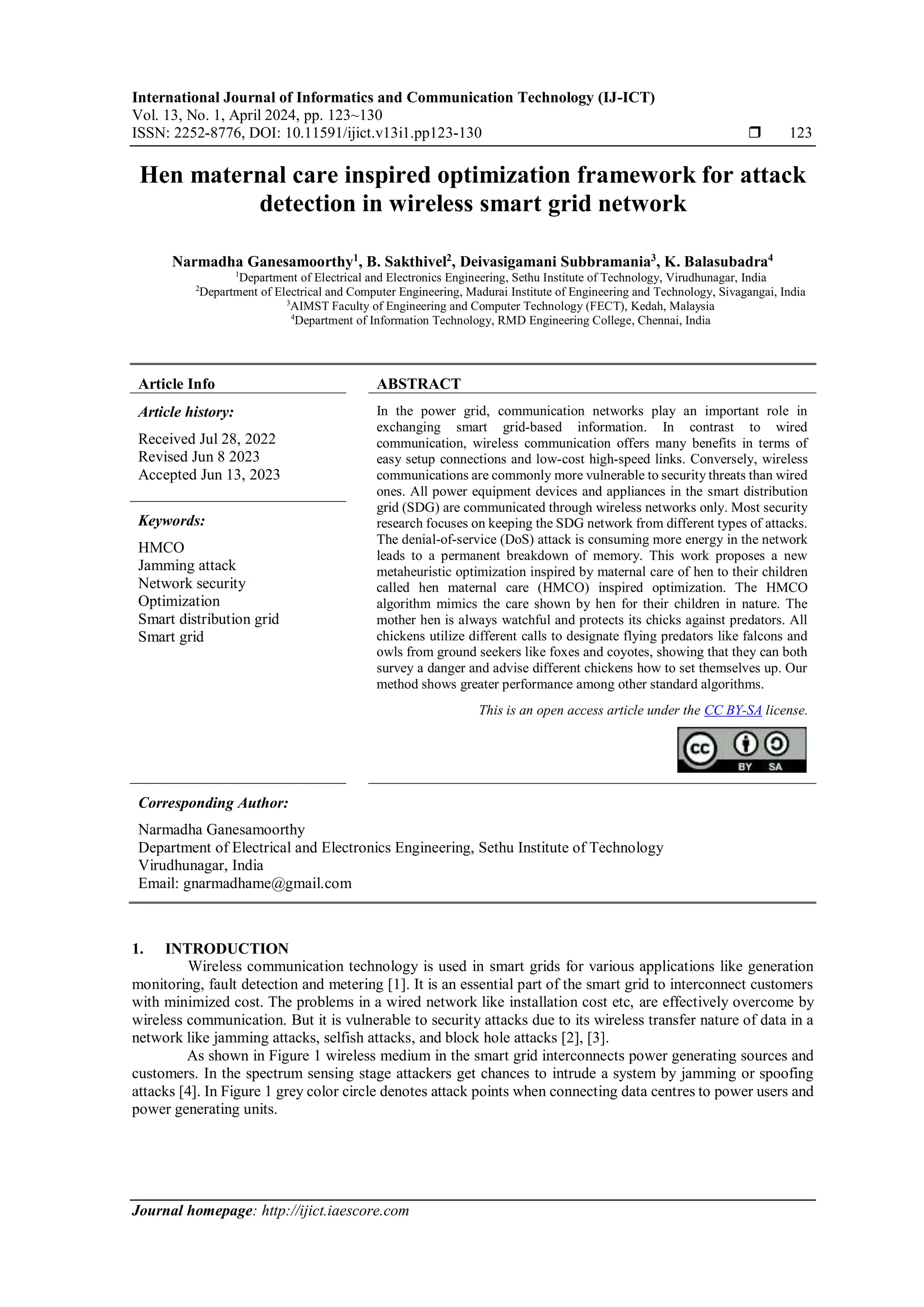 Hen maternal care inspired optimization framework for attack detection in wireless smart grid ...