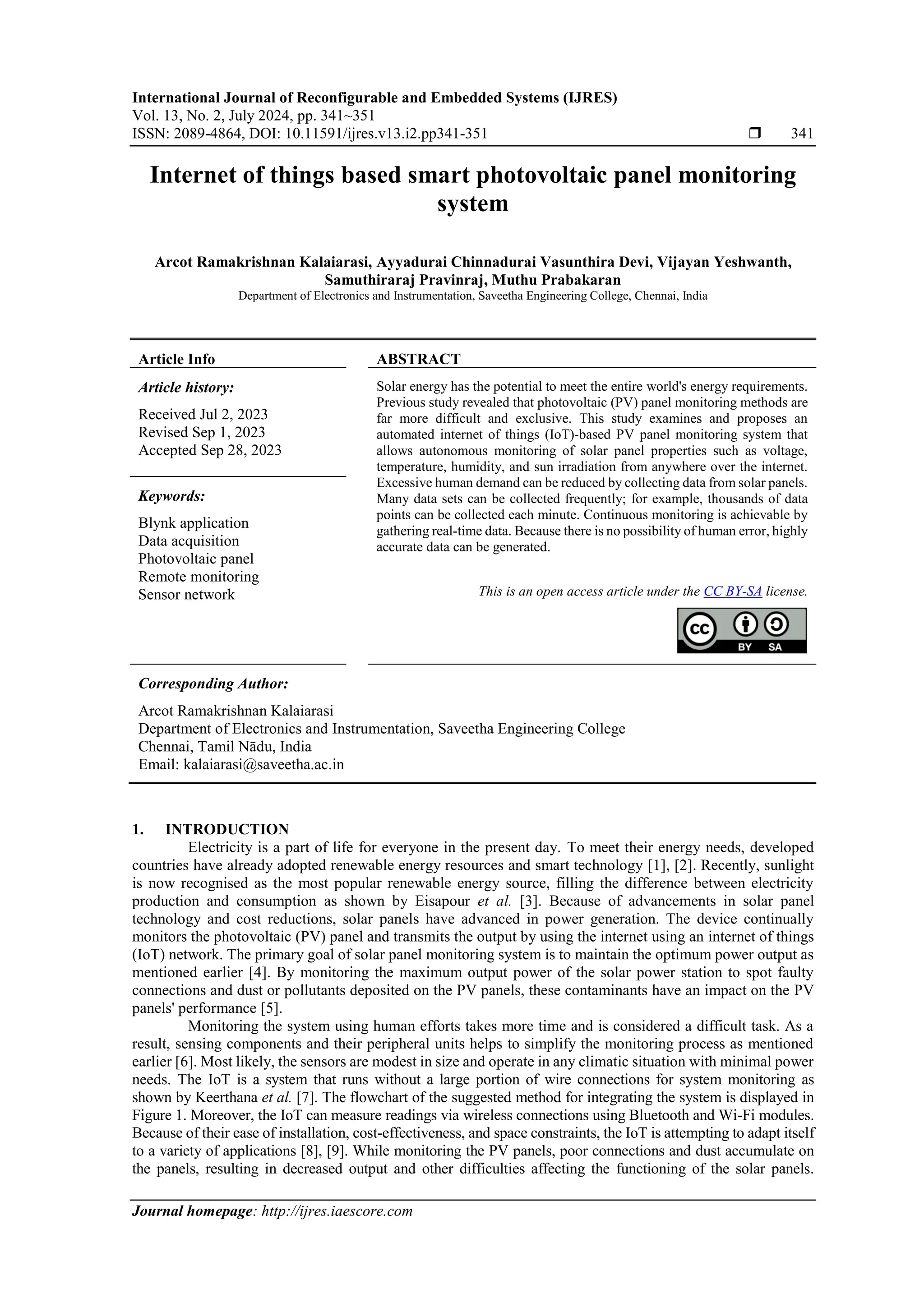 Internet of things based smart photovoltaic panel monitoring system | PDF