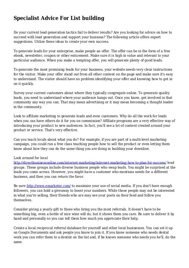 Specialist Advice For List building