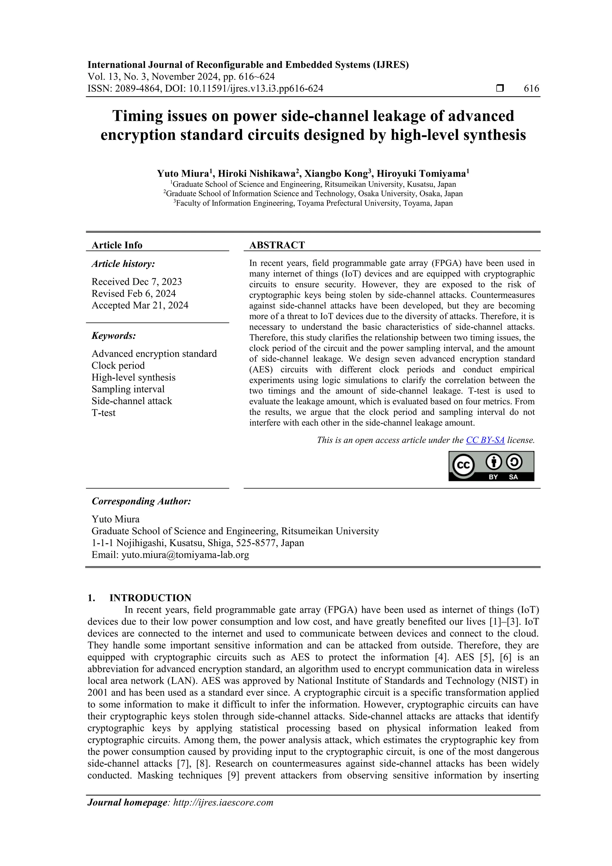 Timing issues on power side-channel leakage of advanced encryption standard circuits designed by ...