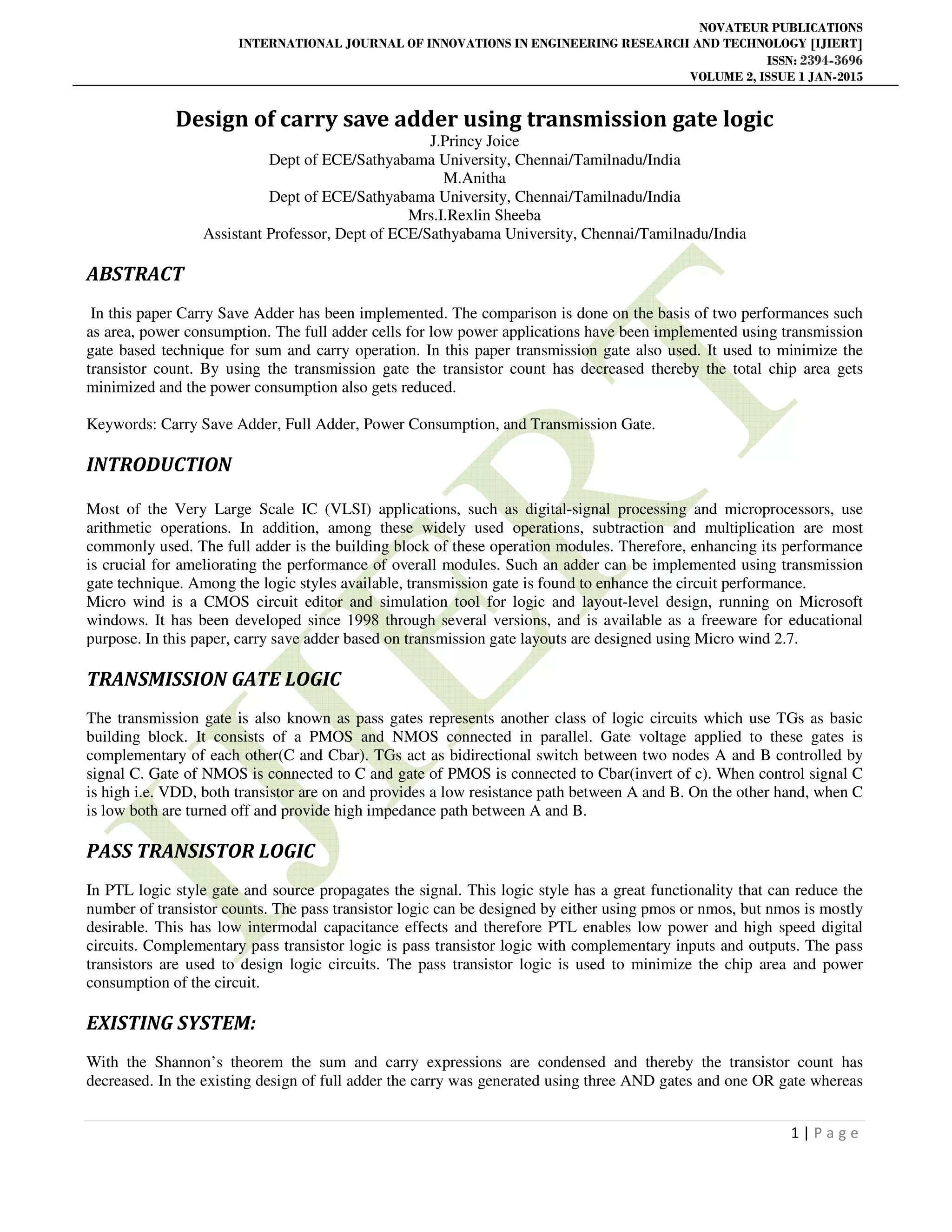 Design of carry save adder using transmission gate logic | PDF