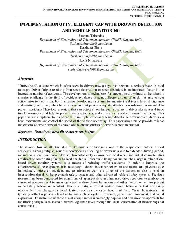 Implementation of intelligent cap with drowsy detection and vehicle monitoring | PDF | Sleep ...