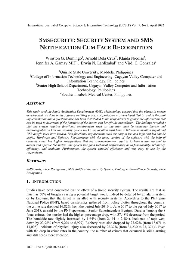 SMSECURITY: SECURITY SYSTEM AND SMS NOTIFICATION CUM FACE RECOGNITION | PDF