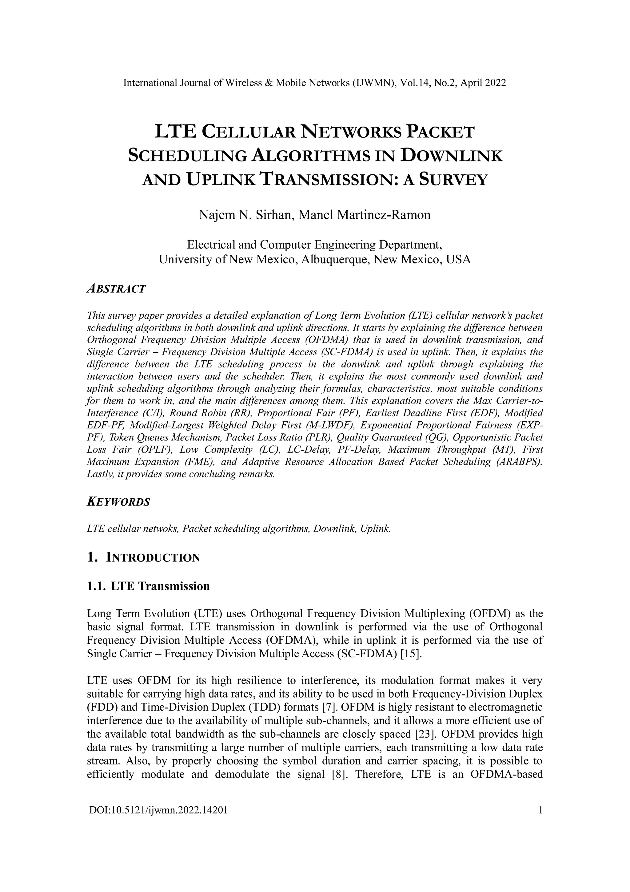 Lte Cellular Networks Packet Scheduling Algorithms In Downlink And Uplink Transmission A Survey