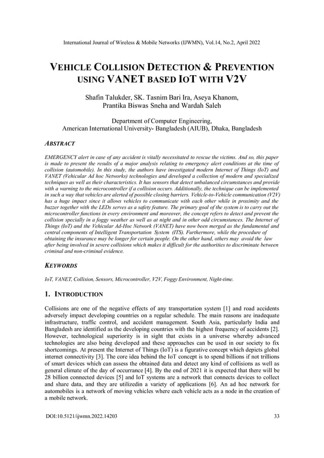 Vehicle Collision Detection & Prevention using VANET Based IoT With V2V | PDF