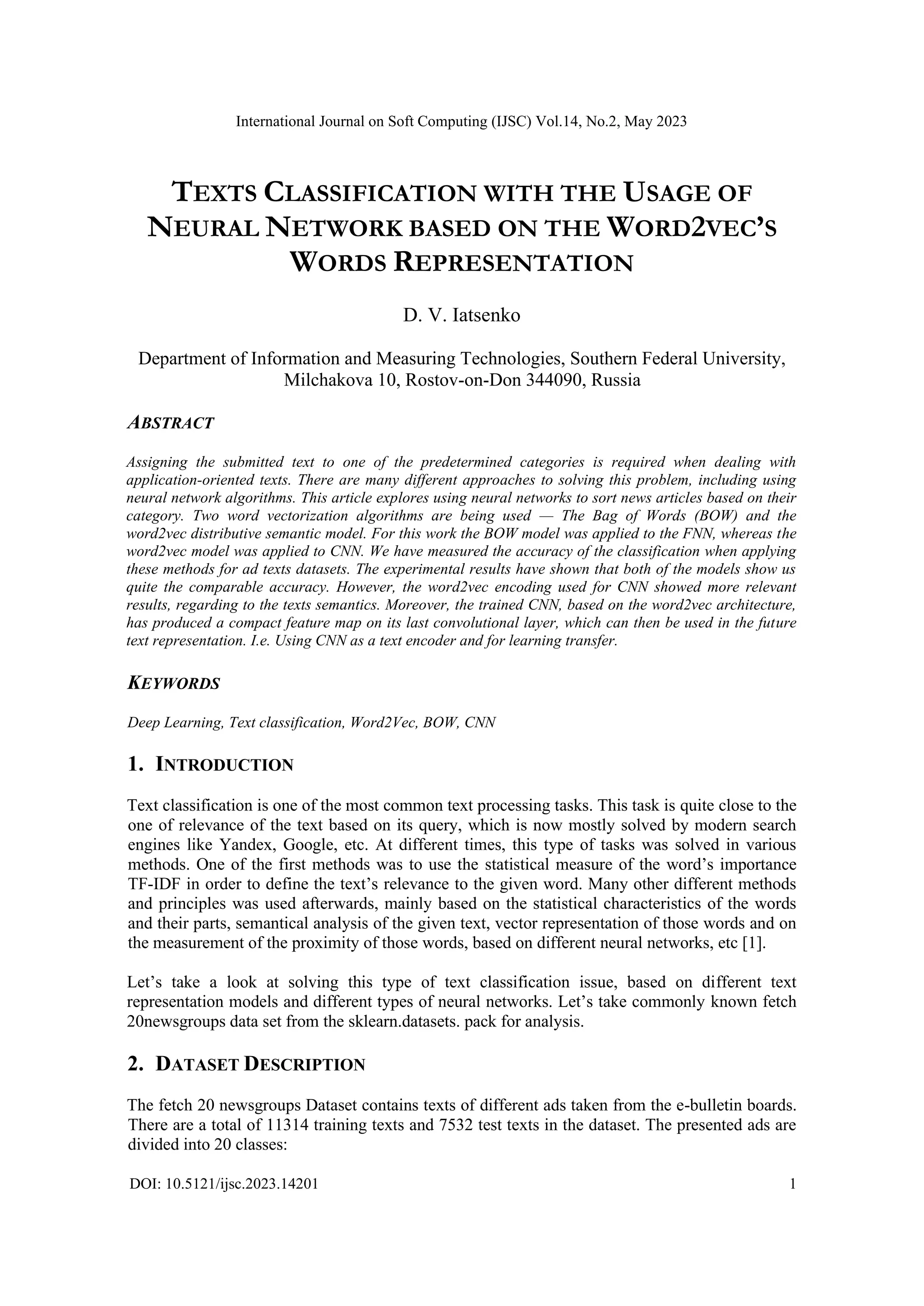Texts Classification With The Usage Of Neural Network Based On The