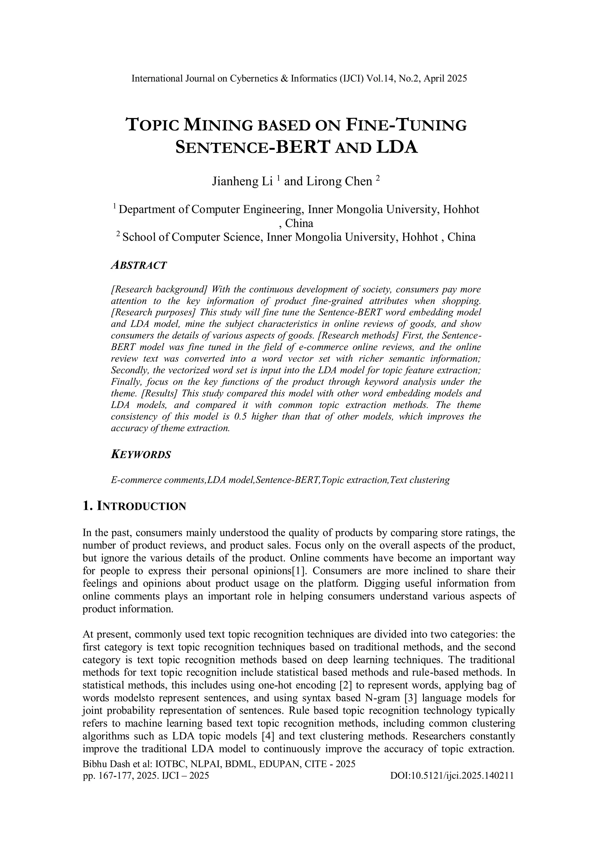 Topic Mining based on Fine-Tuningsentence-BERT and LDA | PDF