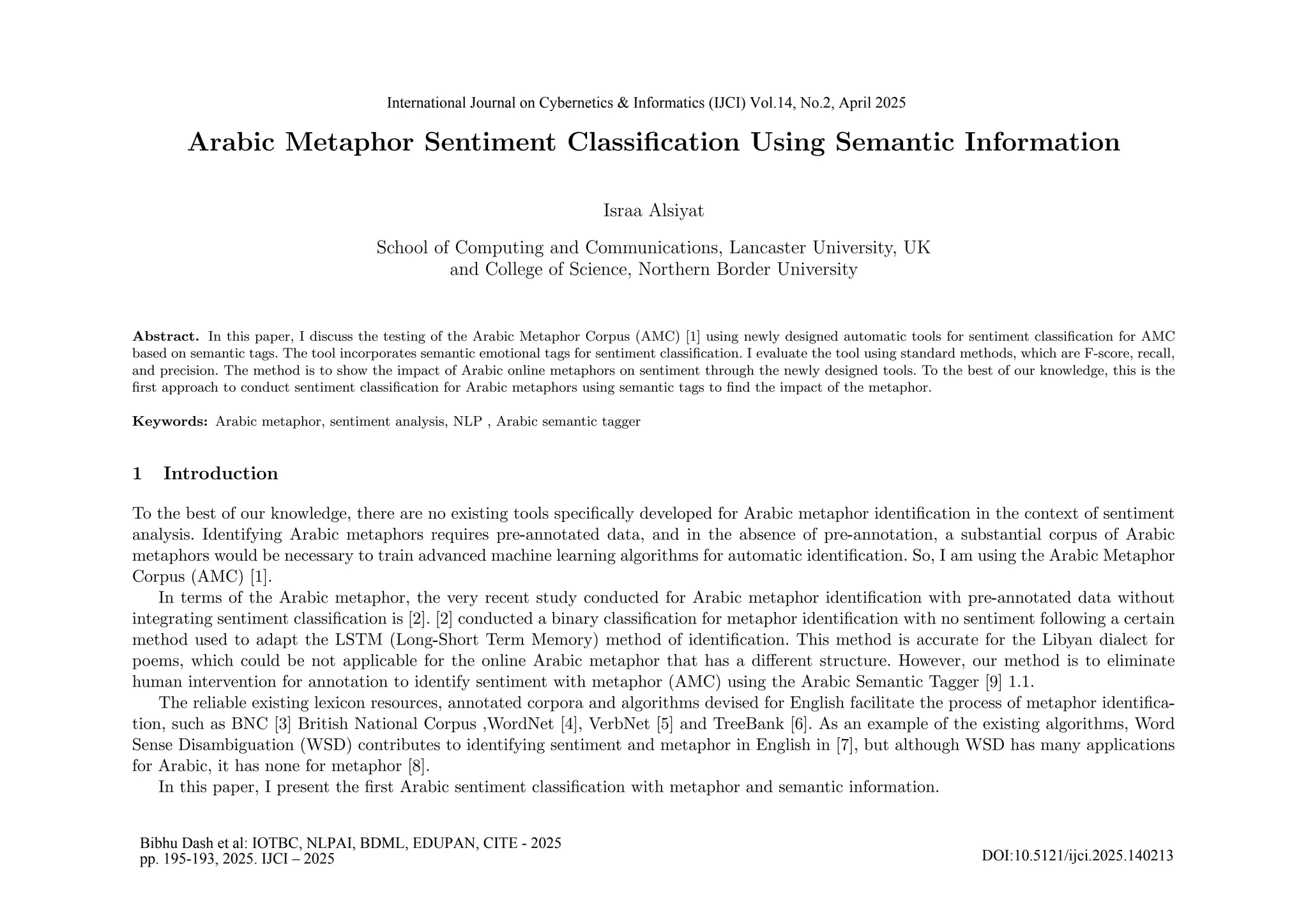 Arabic Metaphor Sentiment Classification using Semantic Information | PDF