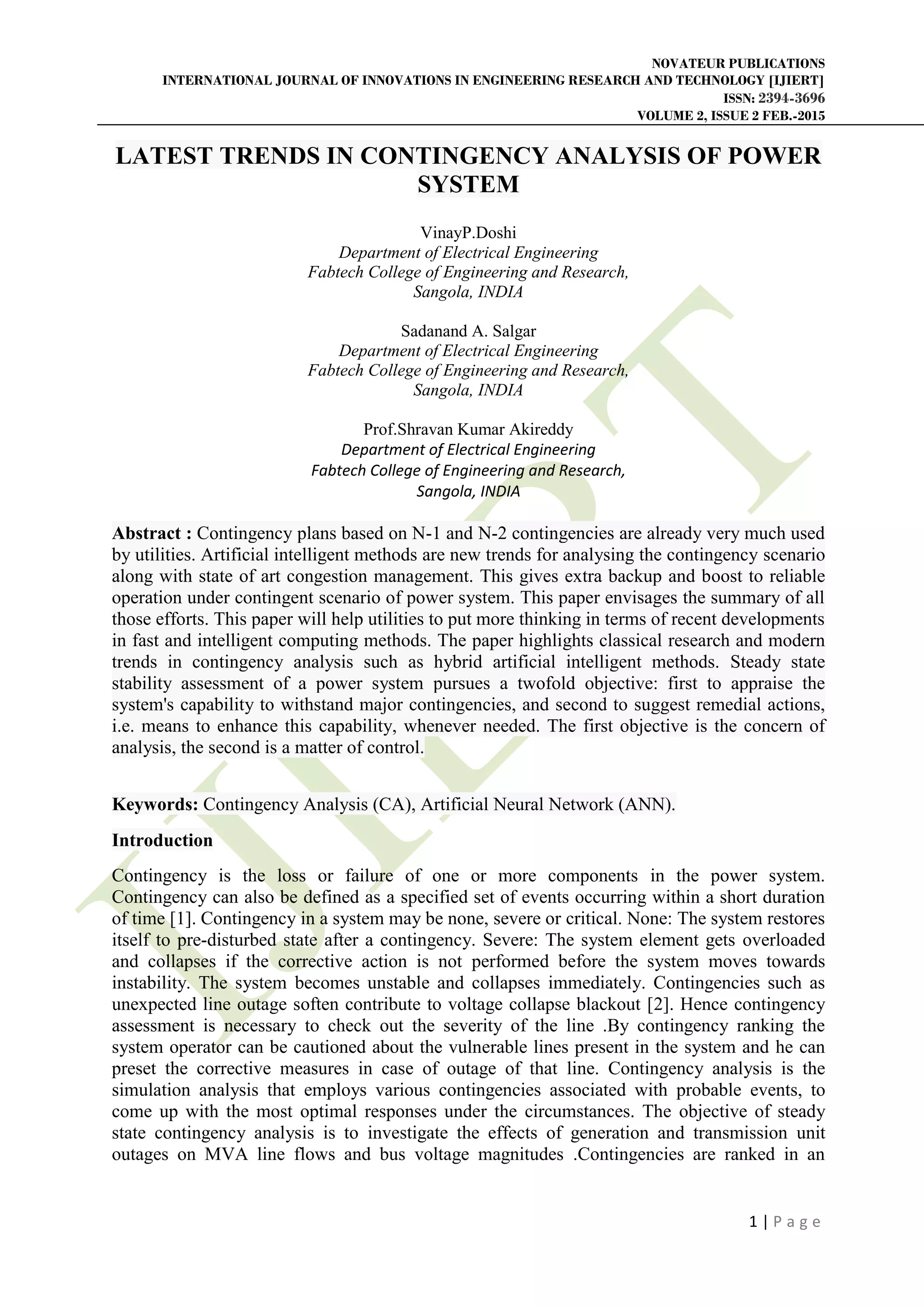 LATEST TRENDS IN CONTINGENCY ANALYSIS OF POWER SYSTEM | PDF