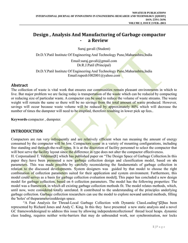 Design , Analysis And Manufacturing of Garbage compactor - a Review | PDF
