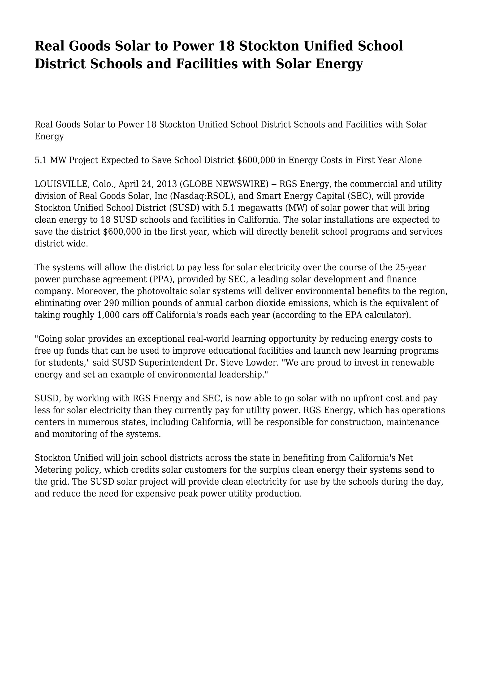 Real Goods Solar to Power 18 Stockton Unified School District Schools ...