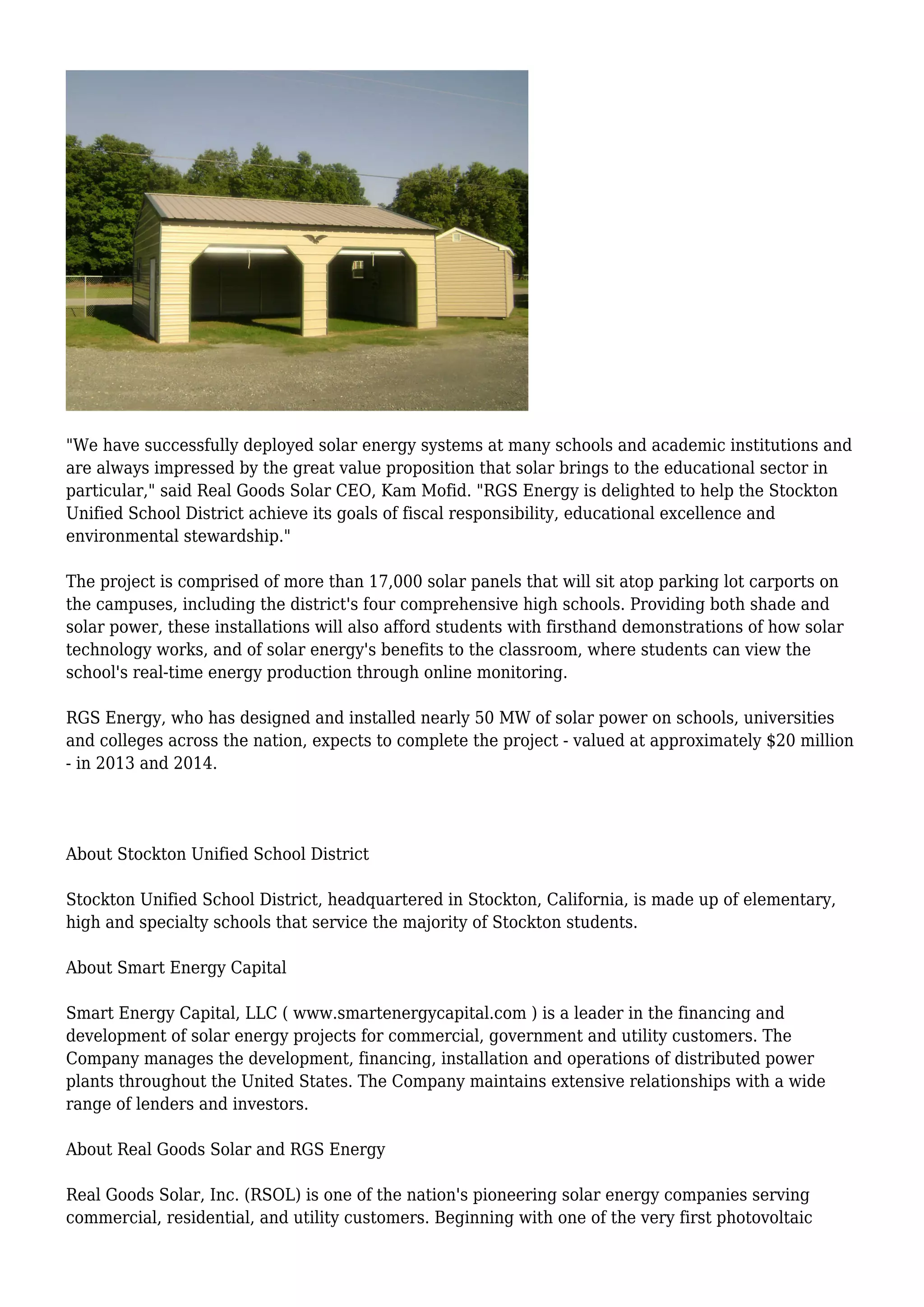 Real Goods Solar to Power 18 Stockton Unified School District Schools ...