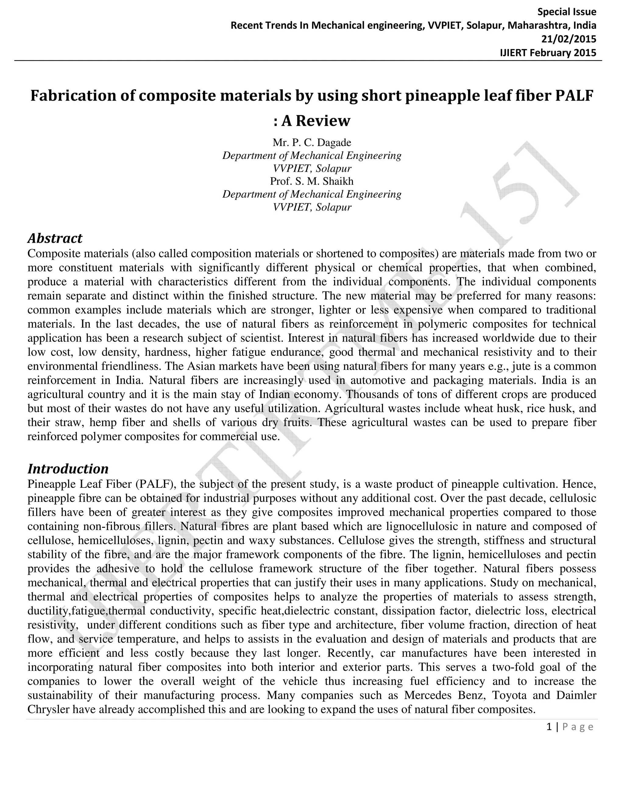 Fabrication of composite materials by using short pineapple leaf fiber ...