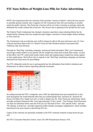 FTC Sues Sellers of Weight-Loss Pills for False Advertising | PDF