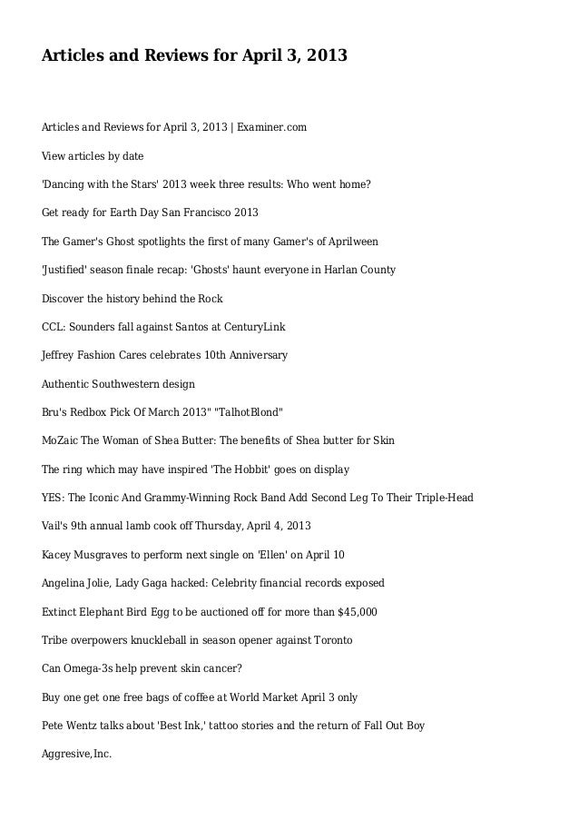 Articles and Reviews for April 3, 2013