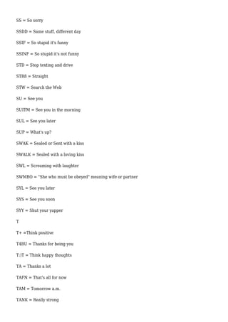 Texting and Social Network Abbreviations: Part 4 (S - W) | PDF