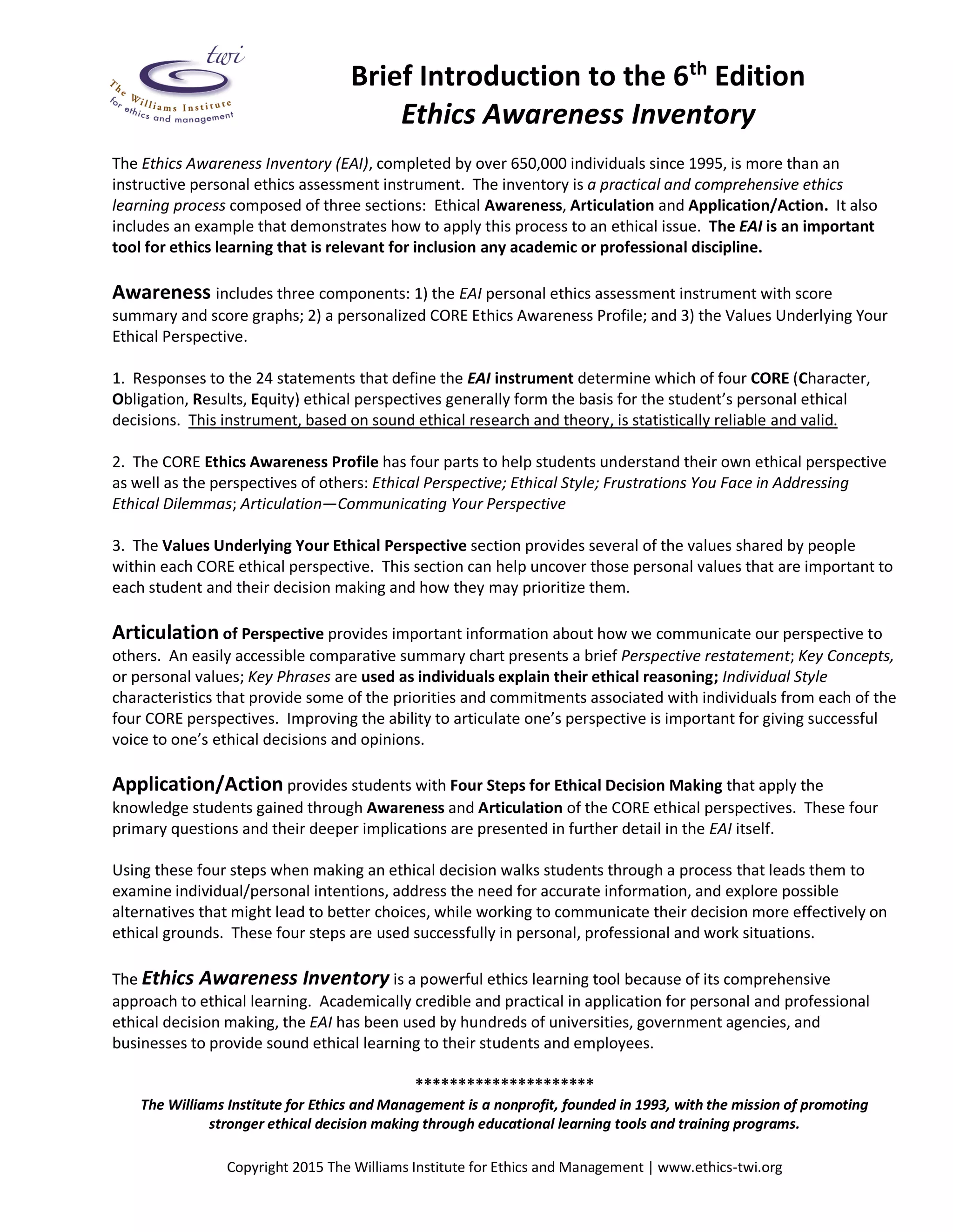 Brief Introduction to the 6th Edition of the Ethics Awareness Inventory ...