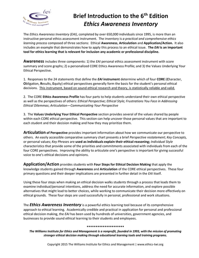 Brief Introduction to the 6th Edition of the Ethics Awareness Inventory ...