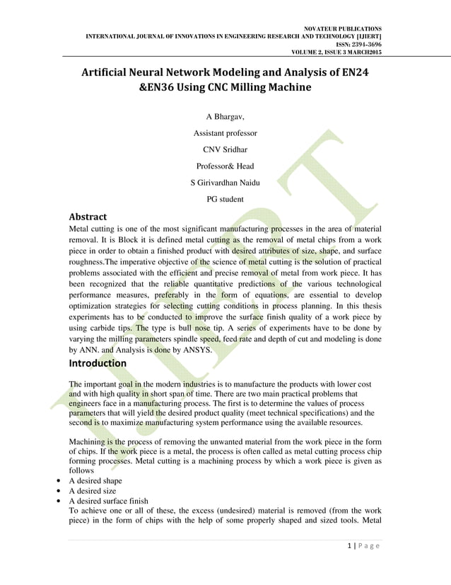 Artificial Neural Network Modeling and Analysis of EN24 &EN36 Using CNC Milling Machine | PDF