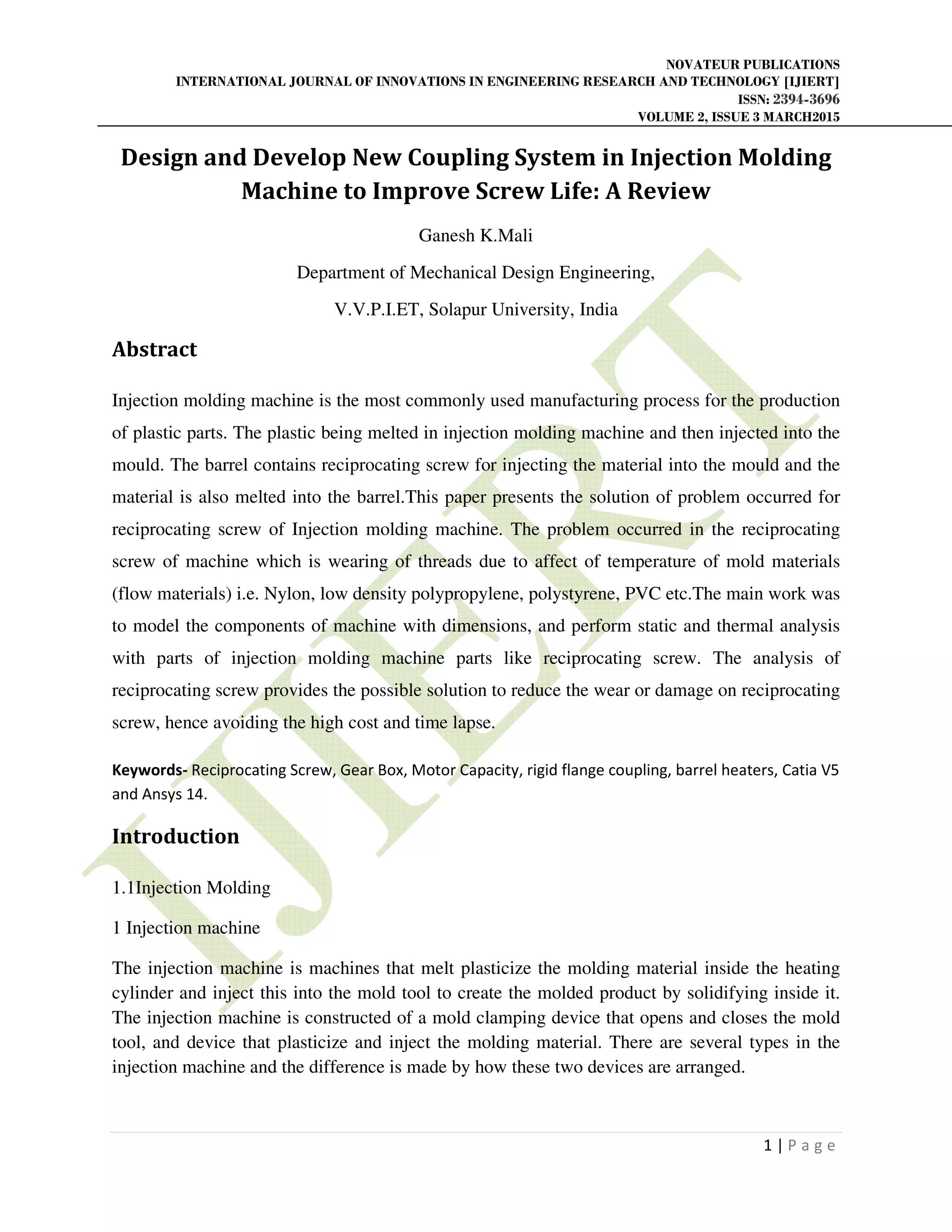 Design and Develop New Coupling System in Injection Molding Machine to ...