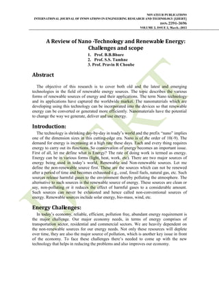 A Review of Nano -Technology and Renewable Energy: Challenges and scope ...