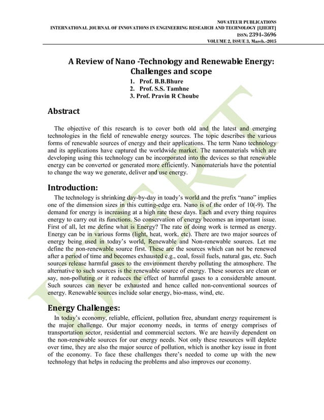 A Review of Nano -Technology and Renewable Energy: Challenges and scope | PDF